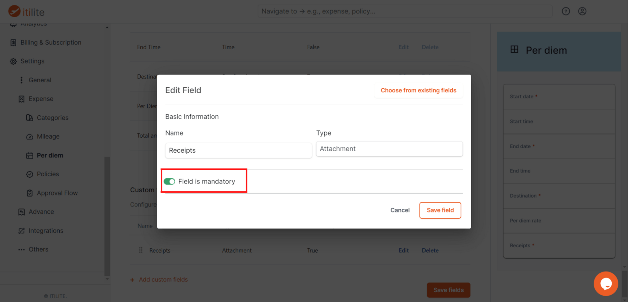 Is there a way to collate receipts from users on per diem?