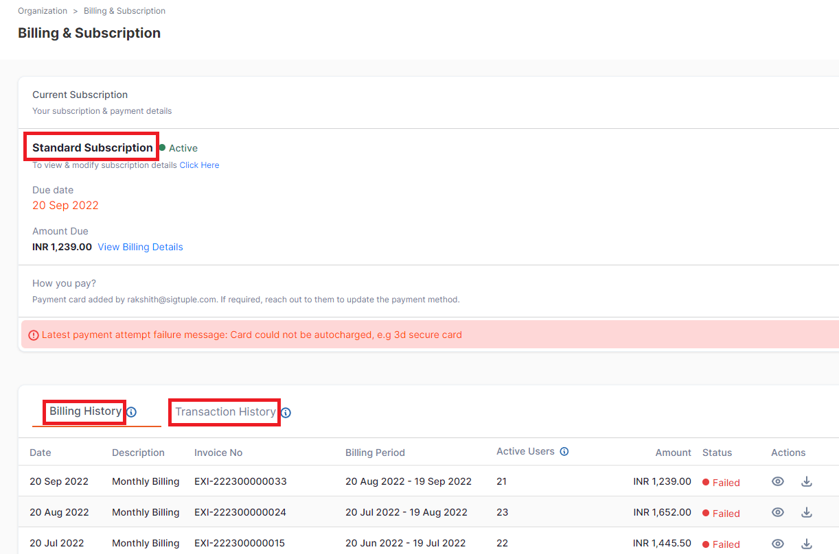 Organization – Billing & Subscription