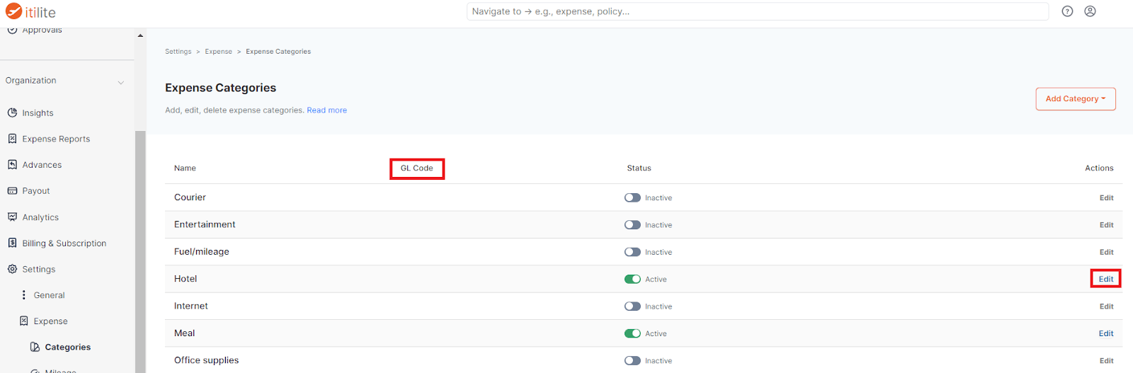 How to map GL codes to each category?