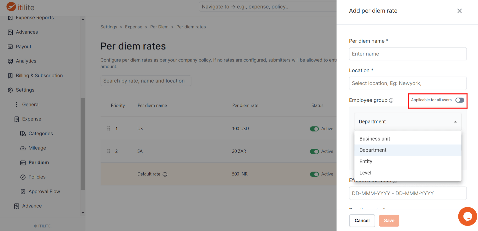 Can per diem rates be configured for individual departments?